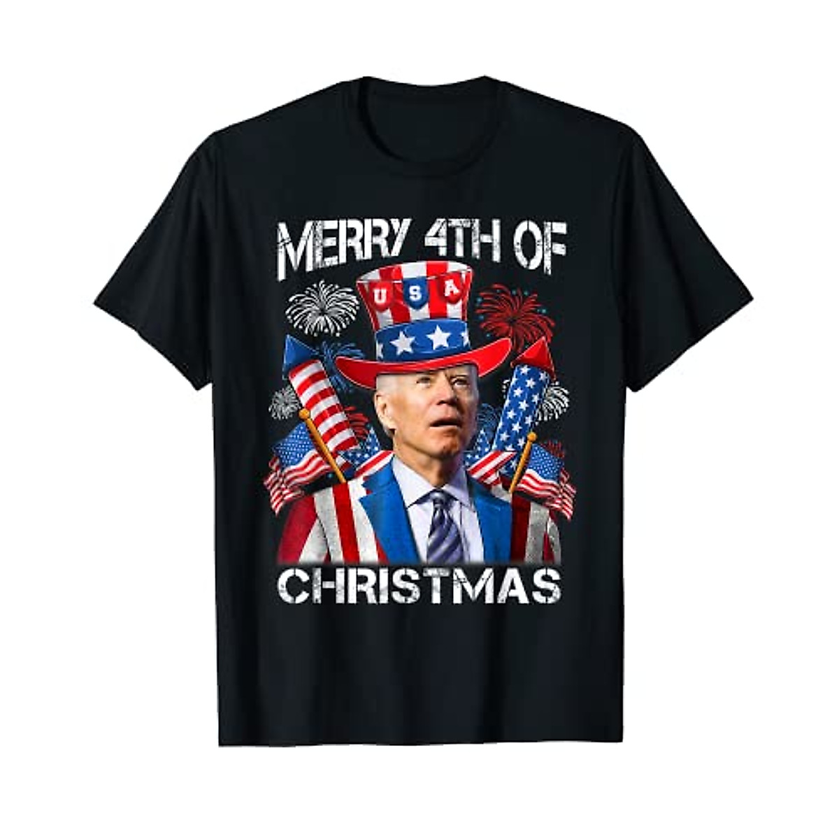 Funny Joe Biden Merry 4th Of Christmas 4th Of July Firework T-Shirt