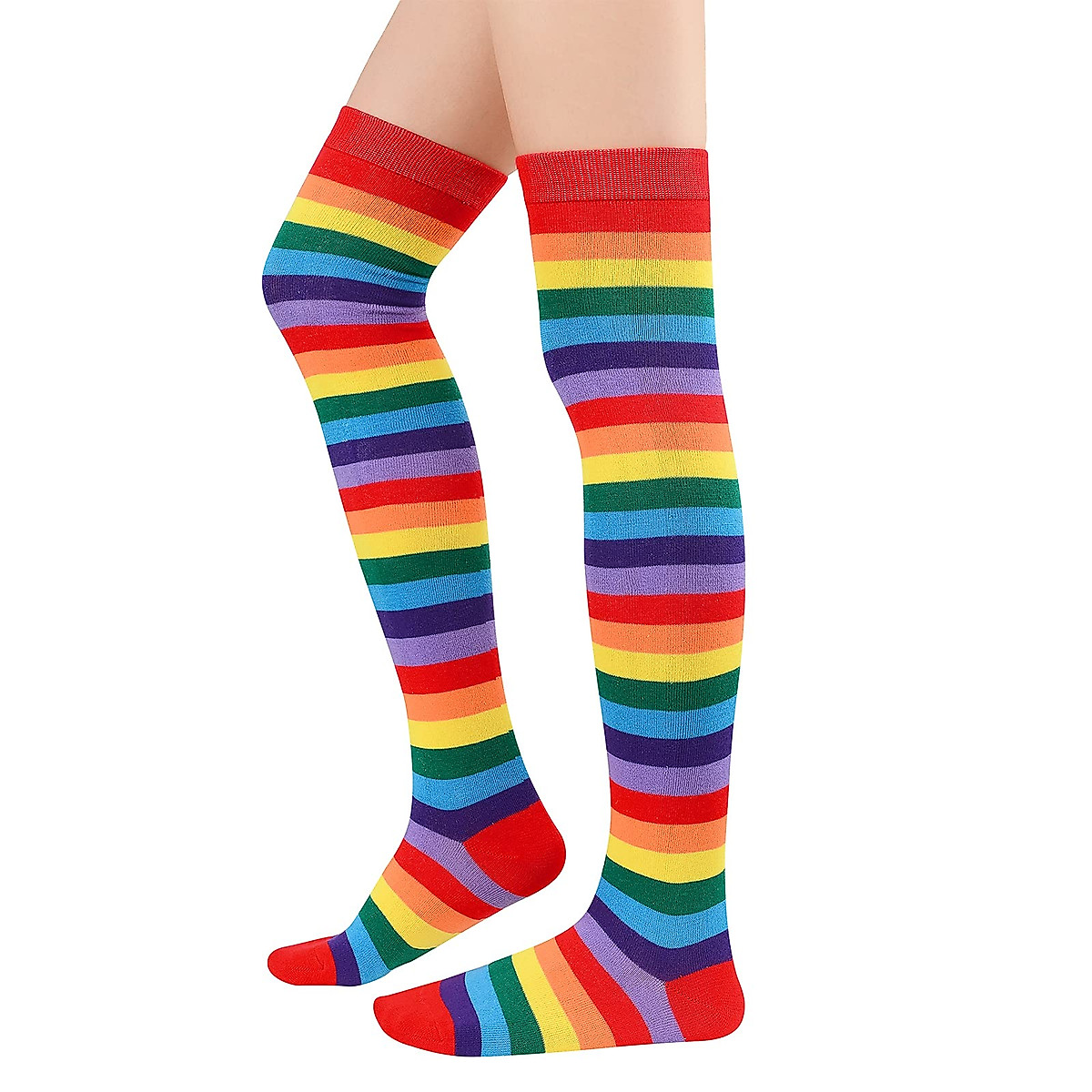 Women's Thigh High Stockings Striped Cosplay Over the Knee Tube Socks Long Boot Leg Warmers for Daily Wear 1 Pack Red Rainbow