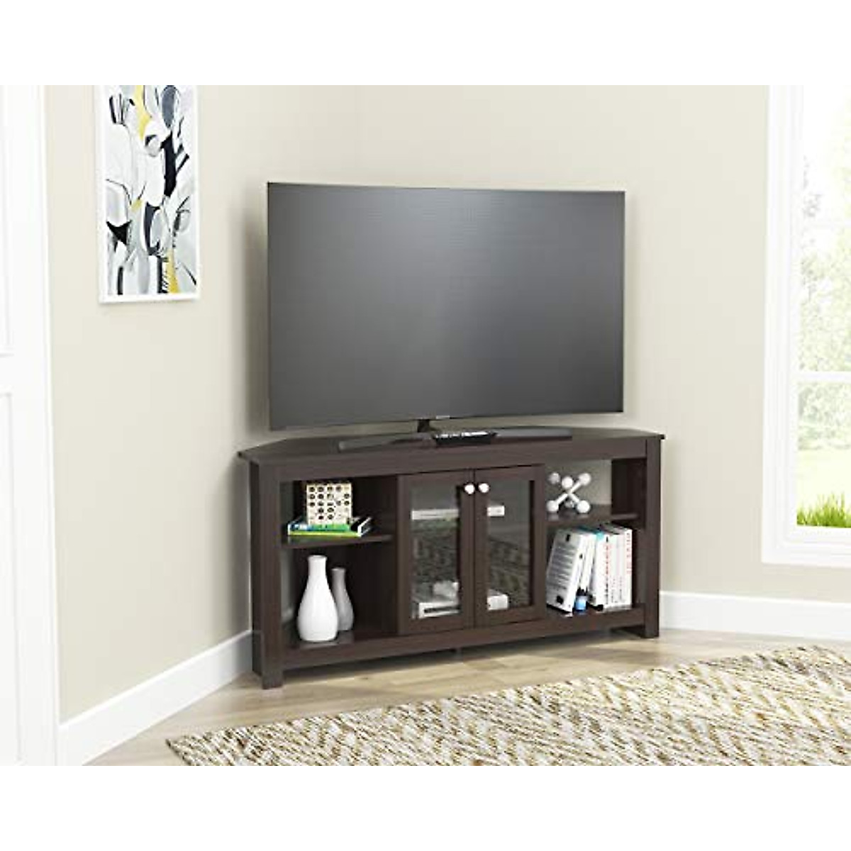 Inval Corner TV Stand with Glass Doors, Espresso