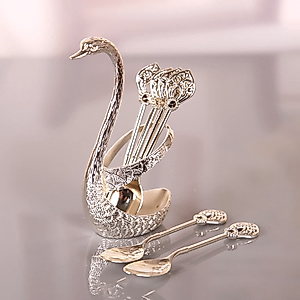 Metal Swan Base Spoon Fork Holder Set, Coffee Fruit Dessert Flatware Dinnerware Set for Decorative Swan Base Holder with 6 Forks or 6 Spoons (Silver spoon-4.9x2.2in)