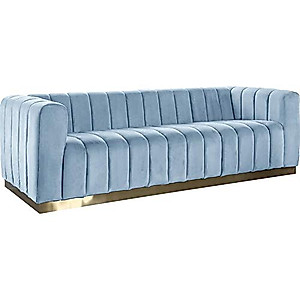 Meridian Furniture Marlon Collection Modern | Contemporary Velvet Upholstered Sofa with Deep Channel Tufting, Stainless Steel Base in a Brushed Gold Finish, 86.5" W x 34" D x 28" H, Sky Blue