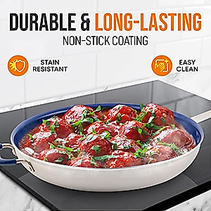 NutriChef 14" Extra Large Fry Pan - Skillet Nonstick Frying Pan with Silicone Handle, Ceramic Coating, Blue Silicone Handle, Stain-Resistant And Easy To Clean, Professional Home Cookware
