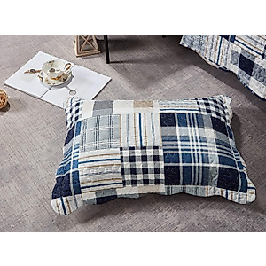 Brilliant Sunshine Plaids and Stripes Quilt Set, 2-Piece Bedding Sets with 1 Sham, Patchwork Design, Washable and Reversible Bedspread, Soft Lightweight Coverlet, All-Season, Twin/Twin XL, Blue