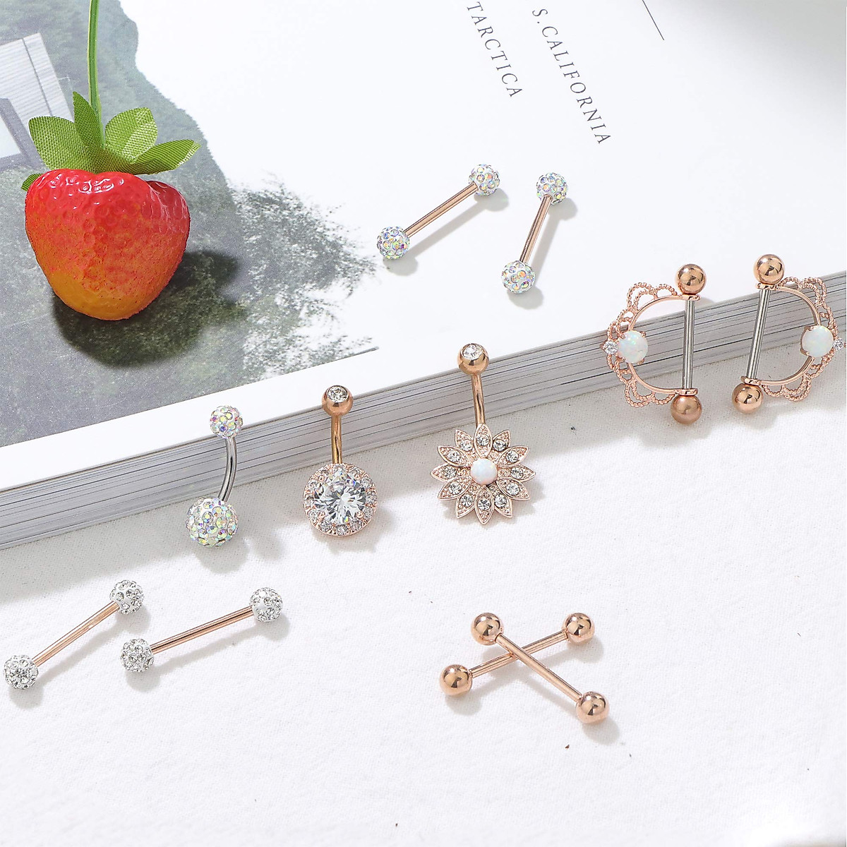 ORAZIO 11 PCS 14G Stainless Steel Nipplerings Nipple Tongue Belly Button Rings CZ Opal Barbell Body Piercing Jewelry