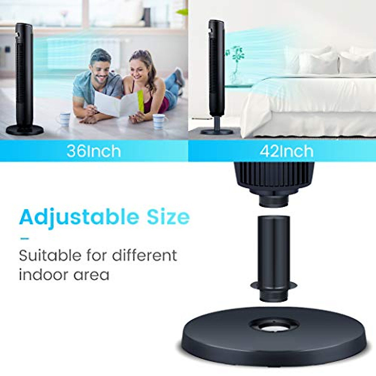 Tower Fan, 42 Inch Portable Oscillating Quiet Cooling Fan with Remote Controlled, 3 Modes and Speed Settings, Built-in Timer LED Display Stand Up Floor Fans Safe for Bedroom, Home Office Use, Black