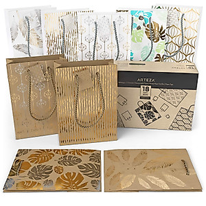 ARTEZA Gift Bags 9.5”x7”x3.4”, Set of 18pcs (9 Mixed Designs, 2 pcs Each Design), Perfect for Any Holiday Occasion, Graduations, Birthday Parties and More!