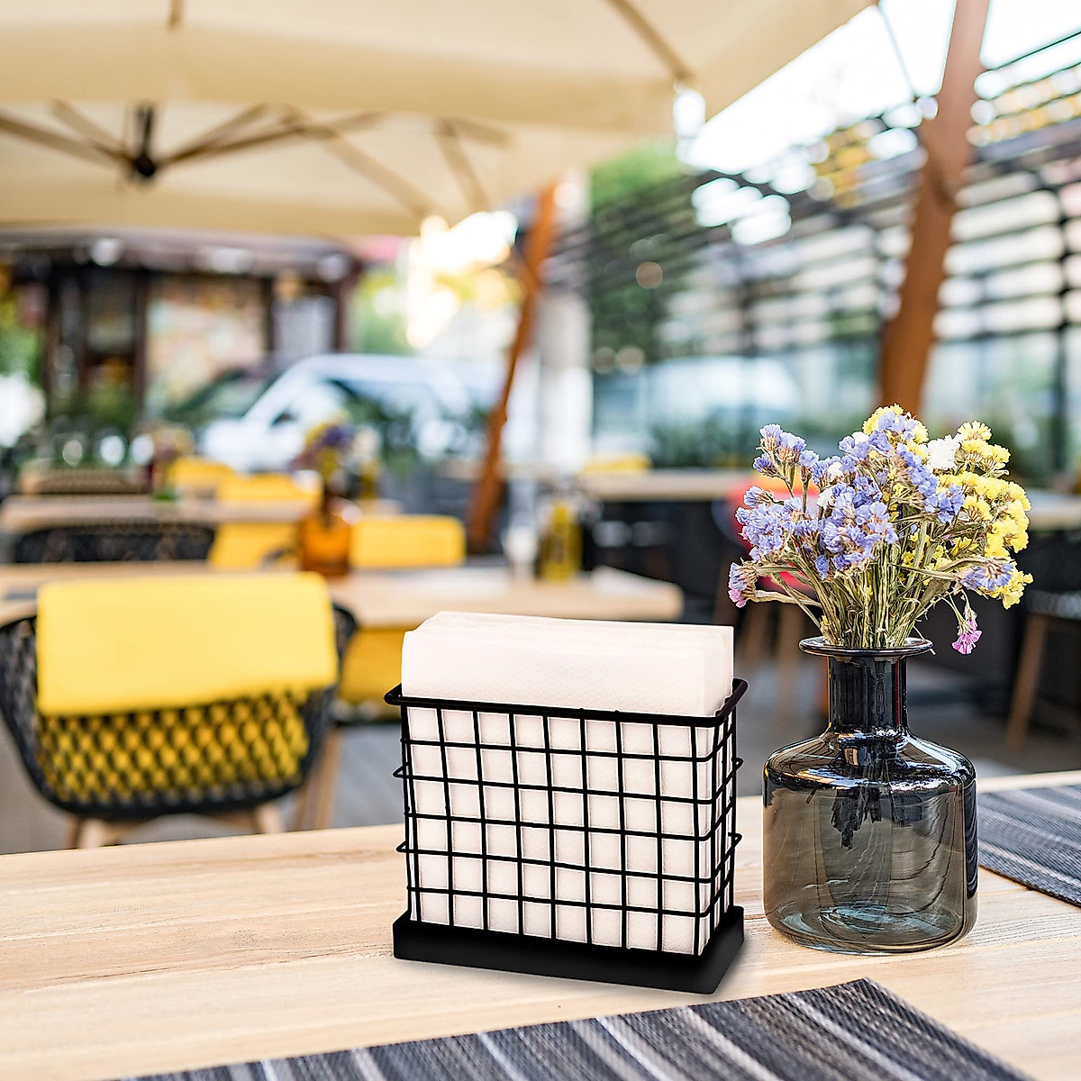 Wire Classic Metal Napkin Organizer Holder for Kitchen Restaurant Home Stylish Decor - Dining Tables, Stylish Black Countertop Storage Indoor and Outdoor Use Vertical Tissue Dispenser