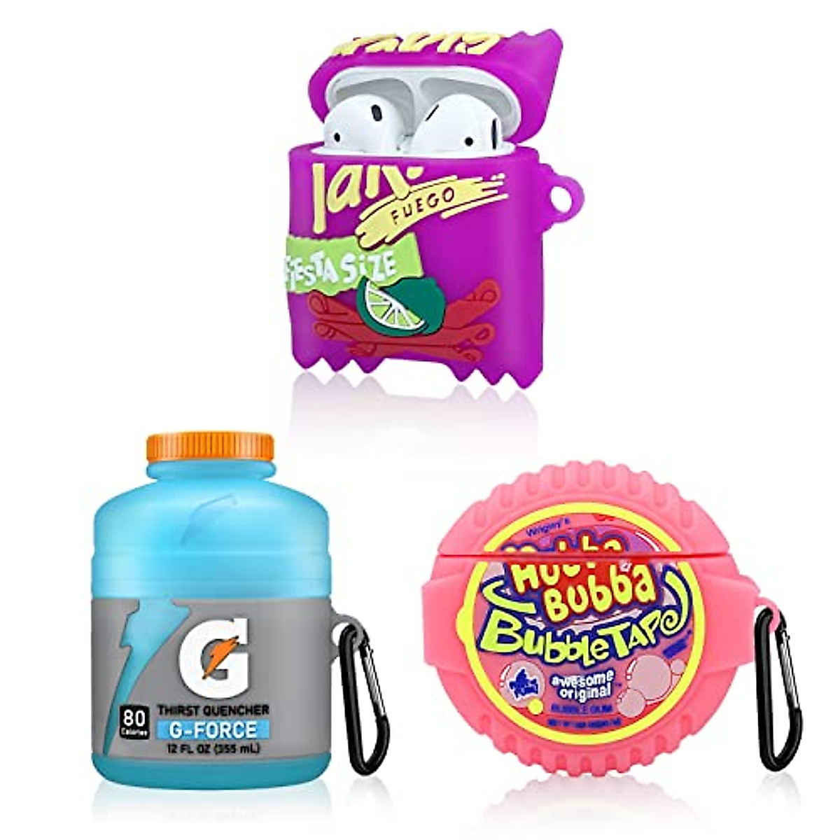 (3 Pack) Cute Airpod Case for Airpods 2&1, 3D Kawaii Silicone Cartoon Food Funny Protective Cover Accessories Skin for Airpod 1&2 Gen Charging Case for Girls Boys-(Bubble Gum+Sport Water+Takis)