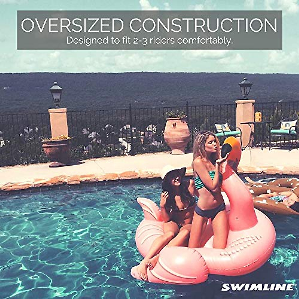 SWIMLINE ORIGINAL 90627 Giant Inflatable Flamingo Pool Float Floatie Ride-On Lounge W/ Stable Legs Wings Large Rideable Blow Up Summer Beach Swimming Party Lounge Big Raft Tube Decoration Toys Kids