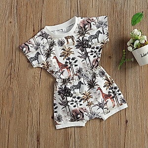 Toddler Baby Boys Summer Clothing Sets Forest Animal Print Romper Short Sleeve Bodysuit Tops and Shorts 2PCS Outfit (White, 12-18M)