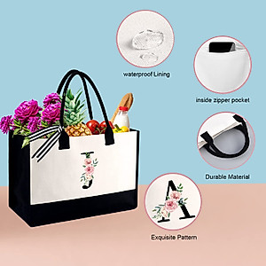 Initial Canvas Tote Bag.Large Canvas Tote Bag for Women.Personalized Birthday Gifts for Women Teacher Bridesmaid.Floral Monogram Tote Bag with Pocket & Initial Necklace. Black/White
