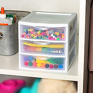 Peaknip - Sterlite Plastic Mini 3 Drawer Storage and Organizer, Stackable Desktop Drawer - Bundled with Labels and Marker - White