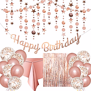 Rose Gold Birthday Party Decoration - Happy Birthday Banner, Glitter Circle Dot Garland Streamer, Rose Gold Fringe Curtain, Foil Tablecloth, Rose Gold Balloons, for Women Girl Birthday Party