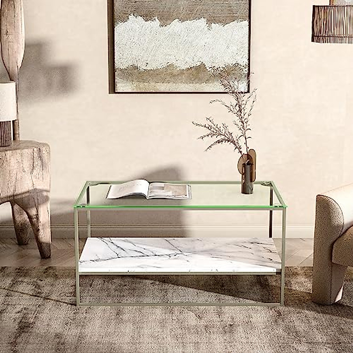 Tilly Lin 35" Elegant 2 Tier Glass Top Coffee Table with White Faux Marble and Gold Metal Legs, Rectangular Cocktail Table with Storage for Living Room