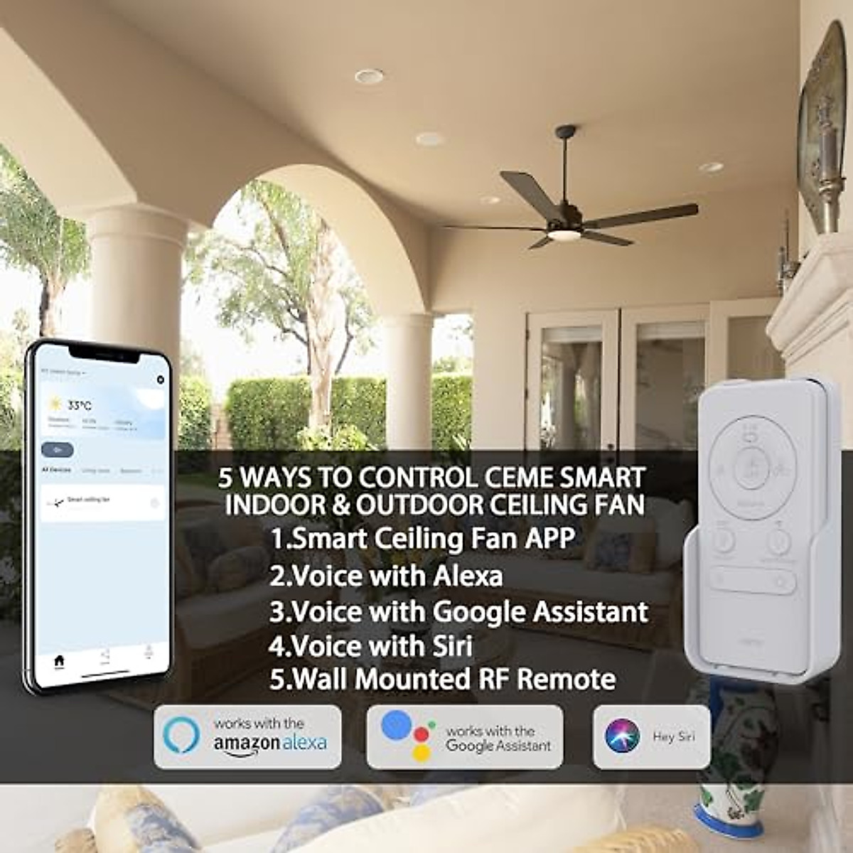 Smart 52” Ceiling Fan with Lights, DC 10 Wind Speeds Quiet Ceiling Fan with Remote, 3 Light Colors Dimmable Outdoor Ceiling Fan Compatible with Alexa, Siri & Google Home, Light Wood & Dark Walnut