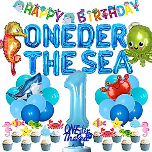 Under The Sea 1st Birthday Decorations - Ocean Ocean Theme First Birthday Party Decorations Ocean Blue Balloons, Oneder The Sea Crab Shark Octopus Seahorse Foil Balloon, Ocean Cake Cupcake Topper