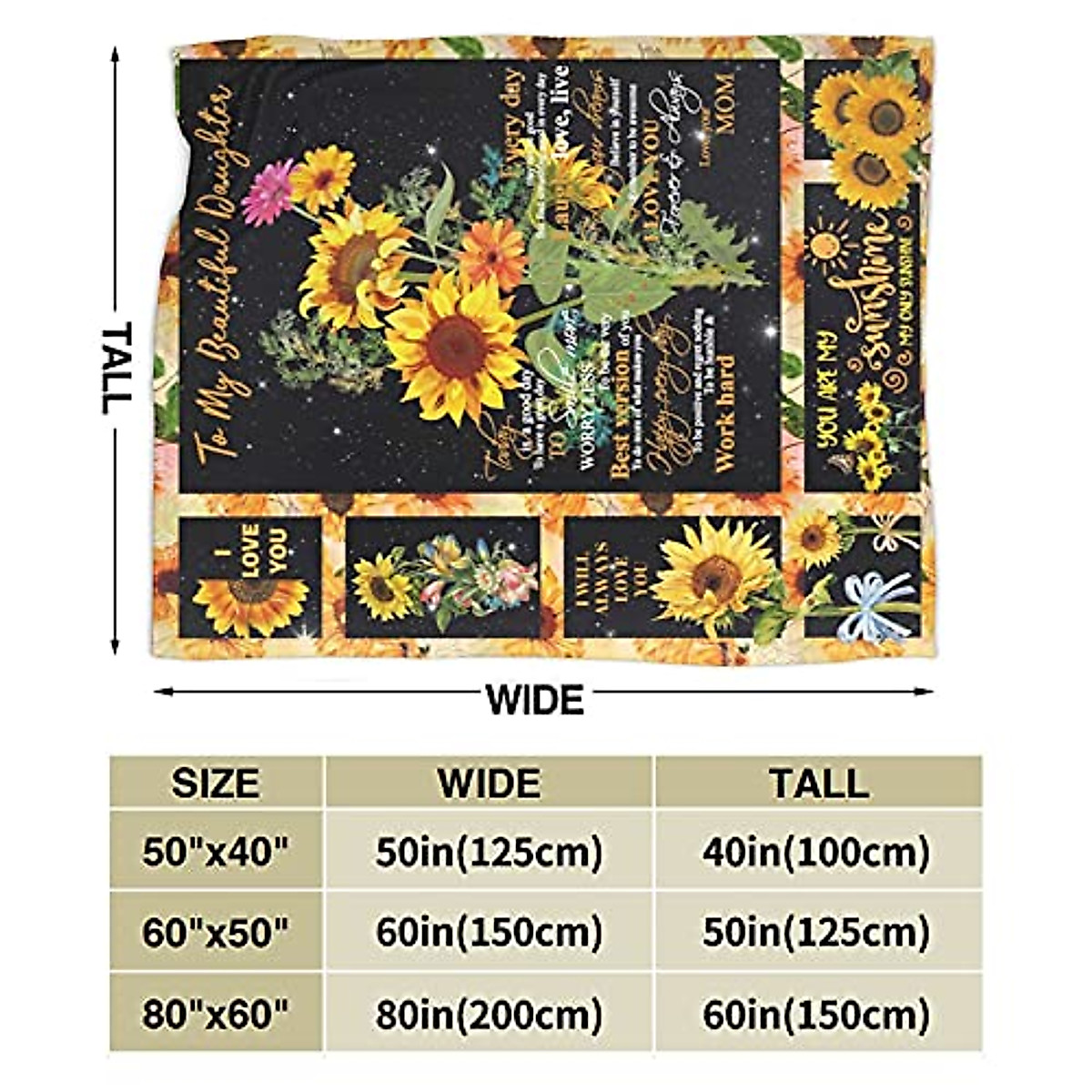 to My Daughter from Mom Letter You are My Sunshine Sunflower Throw Blanket Soft Flannel Summer Air Conditioner Blanket Warm Blanket for Bed Couch Living Room(60"x50")