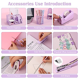 Purple Mesh Desk Organizer and Accessories, Purple Gift Purple Office Supplies 7 Compartments Desk Organizer with Stapler,Tape Dispenser,1000 Staples,Pen Holder,Staple Remover,Clips,Ruler,Scissors