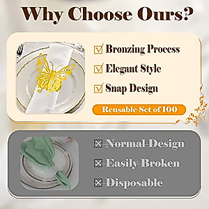 Honitra 100 Rose & Butterfly Napkin Rings, Gold Napkin Rings for Table Decor, Napkin Rings Set of 100 for Luxury Banquet Style, Reusable Paper Napkin Rings for Wedding, Birthday, Anniversary