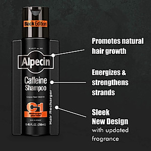 Alpecin Caffeine Shampoo C1 Black Edition, Men's Natural Hair Growth Shampoo for Thinning Hair with Niacin, Menthol, and Castor Oil, 8.45 fl. oz.