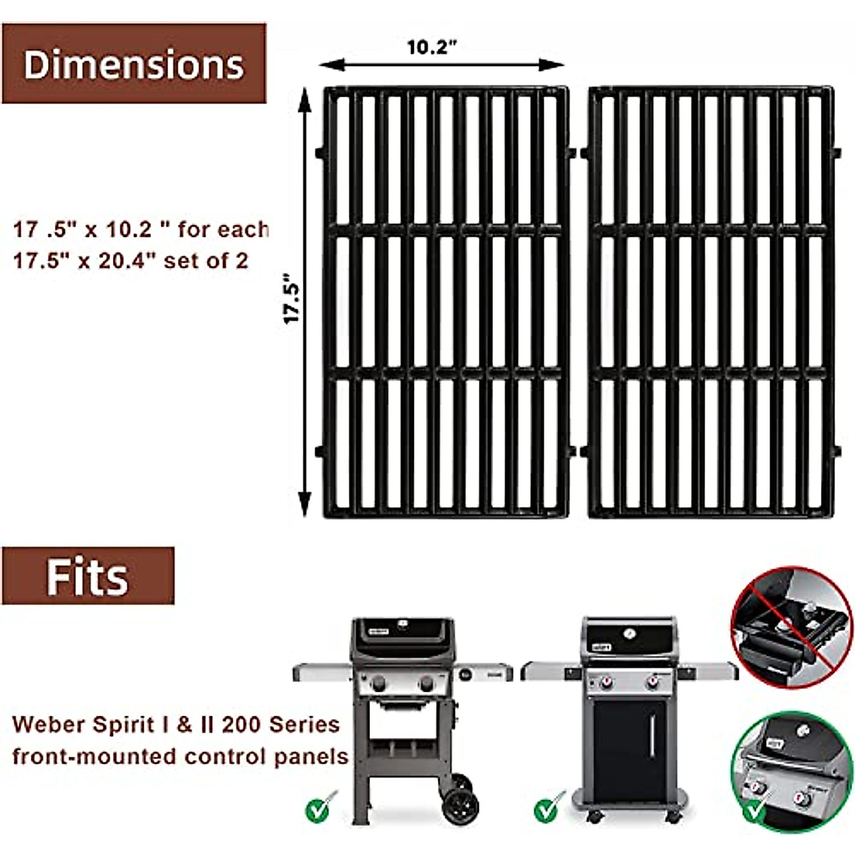 QuliMetal 7637 17.5" Cast Iron Cooking Grates for Weber Spirit 200 and Spirit II 200 Series Gas Grills, Spirit E210/S210/E220/S220 (2013-Newer) with Front Control Knobs