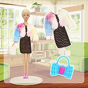 SOTOGO 25 Pieces Doll Clothes and Accessories for 11.5 Inch Girl Doll Fashion Furry Coat for Doll Including 10 Sets Fashion Fluffy Coats and 15 Pieces Accessories