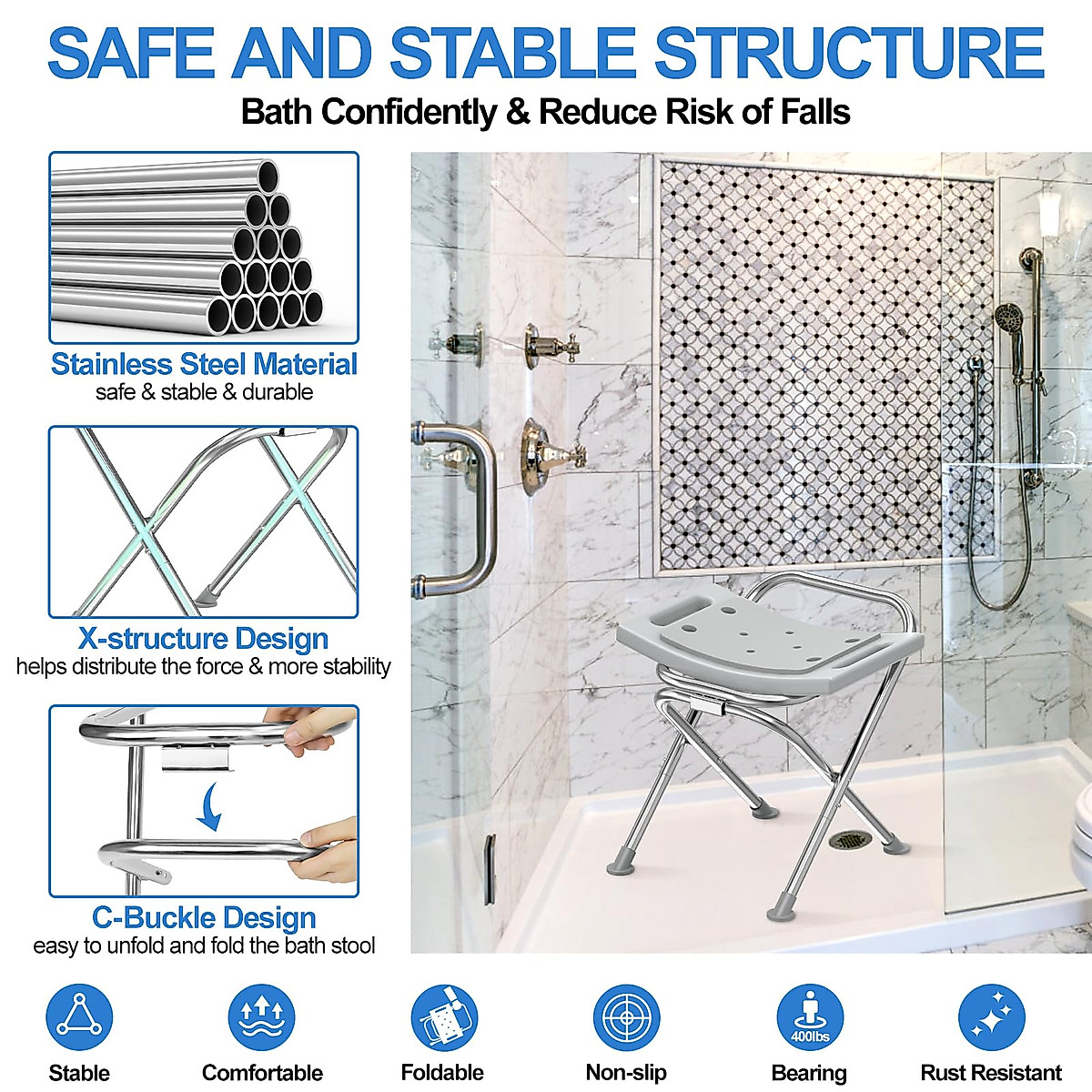 UGarden Folding Shower Chair Seat, Stainless Steel Shower Chair for Inside Shower with Pad/Grab Bar, 400lbs Portable Travel Shower Stool, Safety Anti-slip Bath Chair for Seniors, Adults,Disabled, Gra