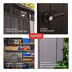 Keter Artisan 7x7 Foot Outdoor Shed with Floor-Modern Design for Patio Furniture Lawn Mower, Tools, and Bike Storage, Grey