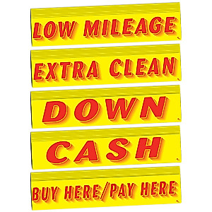Versa-Tags Windshield Slogan Stickers 12 Pack Each of Low Mileage, Extra Clean, Down, Cash, Buy HERE Pay HERE (60) Window Stickers Total Dealership Stickers Red On Yellow