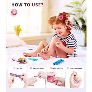 Polish Kit Makeup, Geyiie Nail Makeup Toys with Dryer,7 Bright Colors Girls Nail with Mirror Comb,Sticky Cartoon Fake Nail, DIY Sticker, Nail Studio Decoration Birthday Gift for Kids Girls Ages 7-12