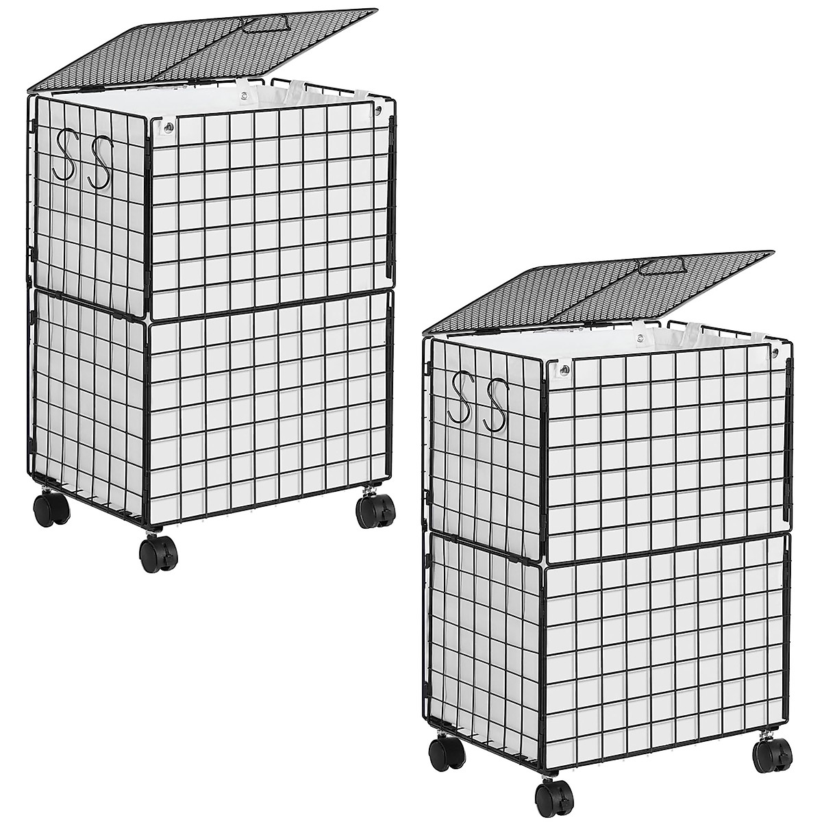 ELYKEN 2 Pack Laundry Hamper with Lid and Wheel, Rolling Metal Wire Frame Dirty Clothes Basket for Small Bathroom, 61L Capacity Liner Bag with Handle, Heavy Duty Steel Cover Bedroom Organizer White