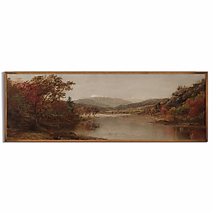 Vintage Farmhouse French Country Bedroom Wall Decor Above Bed - 10x30" - Horizontal Wall Art Over the Bed - Panoramic Landscape Picture Sign - Canvas Oil Painting Long Narrow Autumn Lake Print Poster