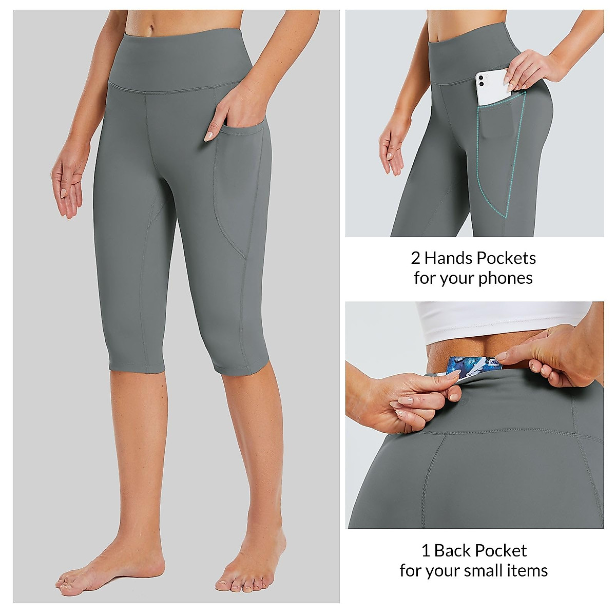 BALEAF Women's Yoga Capri Pants Knee Length Leggings High Waisted Petite Casual Workout Exercise Capris with Pockets Gray L