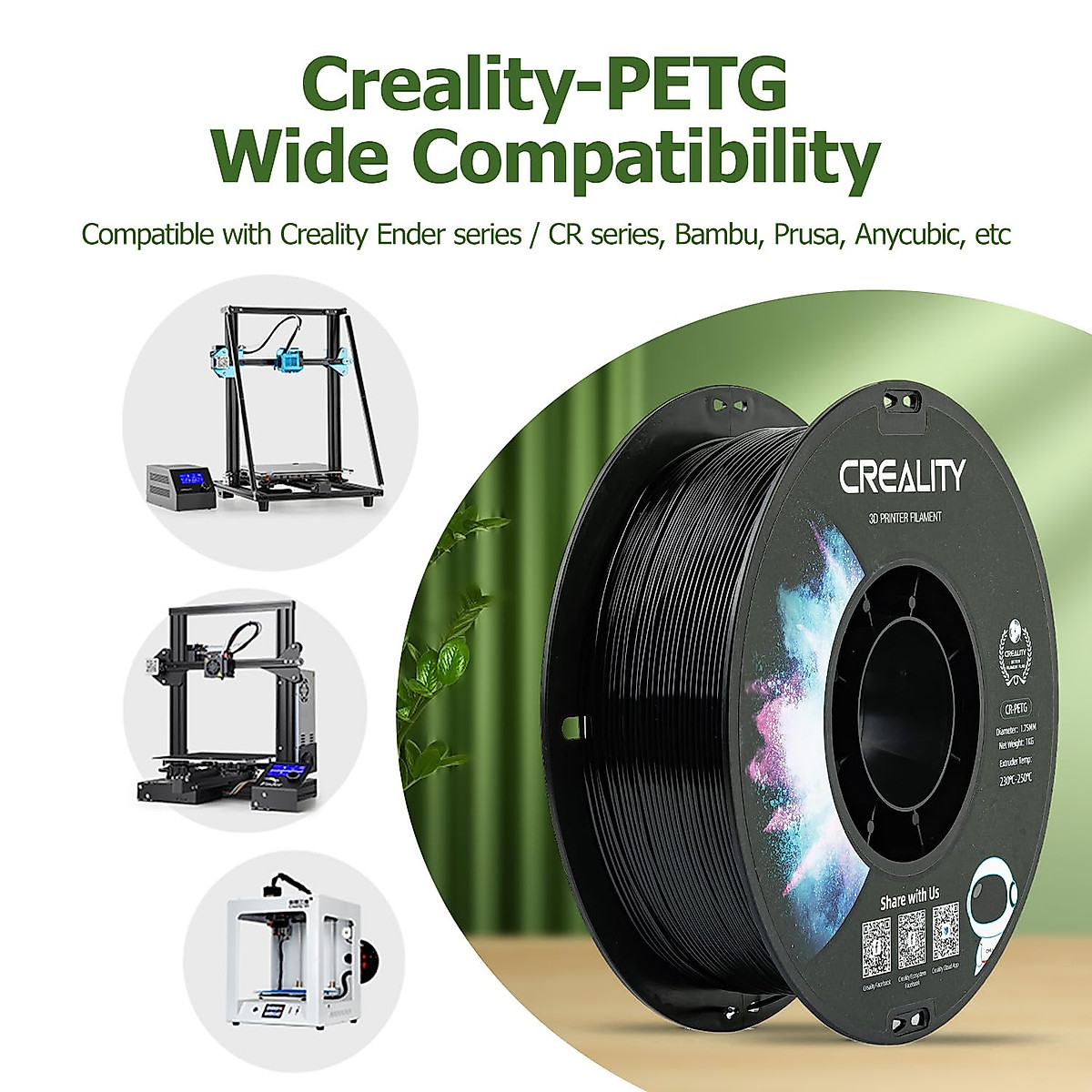 Official CR PETG 3D Printer Filament 1.75mm 1KG (2.2lbs), High Precision Strong Toughness, Odorless Better Flow Moistureproof 3D Printing Ender Filament (Black)