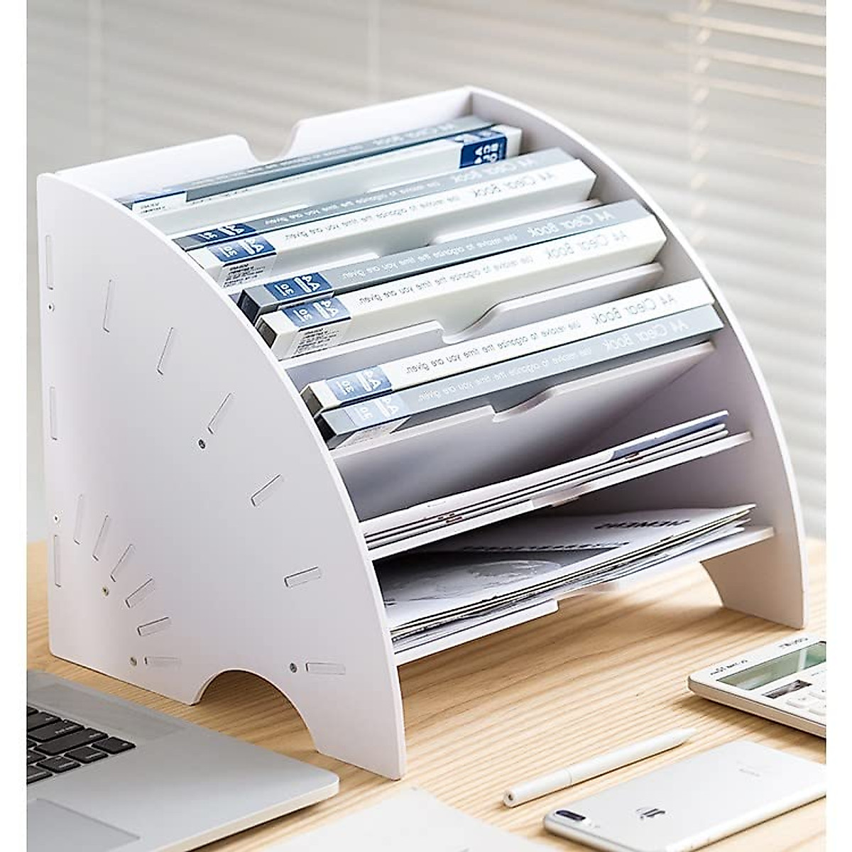 THUMEYE File Organizer for Desk, Fan-Shaped Desktop Organizer for Document/Letter/Paper with 6 Compartments, File Folder Organizer for Office School Home, White, 13.2'' D x 10.9'' W x 10.9'' H