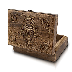 Great Birthday Gifts Handmade Decorative Wooden Jewelry Box Hamsa Hand Carving Jewelry Organizer Keepsake Box Treasure Chest Trinket Holder Watch Box Storage Lock Box 7 x 5 Inches Housewarming Gift