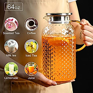 PARACITY Glass Pitcher Squama Designed 64 oz, High Borosilicate Water Pitcher, Iced Tea Pitcher with Lid and Spout, Large Bore Design for Easy Cleaning, for Cold/Hot Drinks, Iced Tea, Juice, Milk