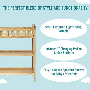 Dream On Me Emily Changing Table In Natural, Comes With 1" Changing Pad, Features Two Shelves, Portable Changing Station, Made Of Sustainable New Zealand Pinewood