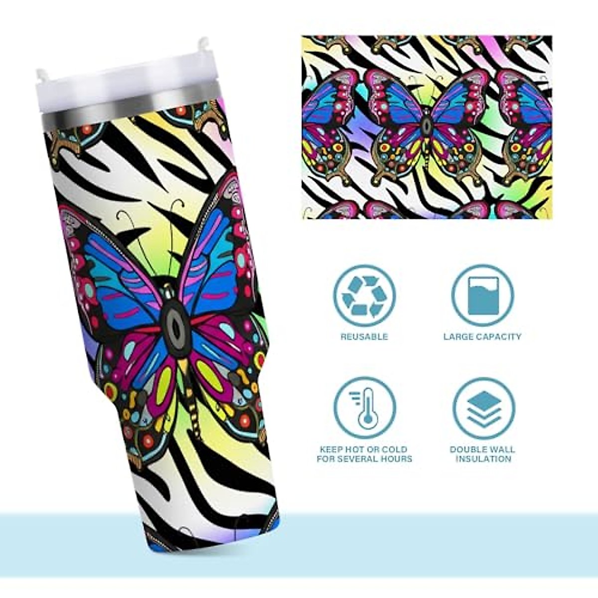 ODAWA Large Butterflies Zebra Insulated Tumbler Cups with Handle and Straw, 2 in 1 Lid Double Insulated Tumblers