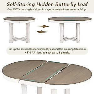 WOZNLA Room 5-Piece Set-Round to Oval Extendable Butterfly Leaf Wood Table with 4 Upholstered Dining Chairs with Armrests for Kitchen and Family, White