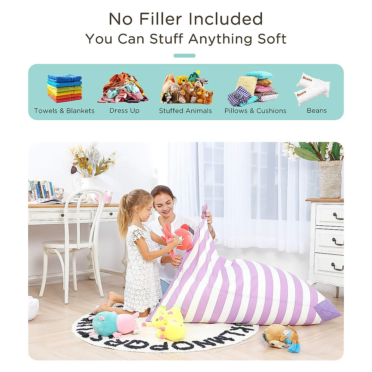 Aubliss Stuffed Animal Storage Bean Bag Chairs Cover, 50"x 35" Extra Large Bean Bags Chair for Kids & Adults, Beanbag Toy Storage for Boys Girls - Premium Cotton Canvas Purple Stripe