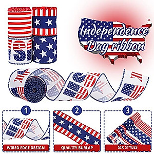 AnyDesign Patriotic Wired Edge Ribbon 24 Yards USA Flag Stars Stripes Craft Fabric Ribbon 4th of July Decorative Wrapping Ribbon for Independence Day Memorial Day Wreath Bow Making DIY Crafts, 4 Roll