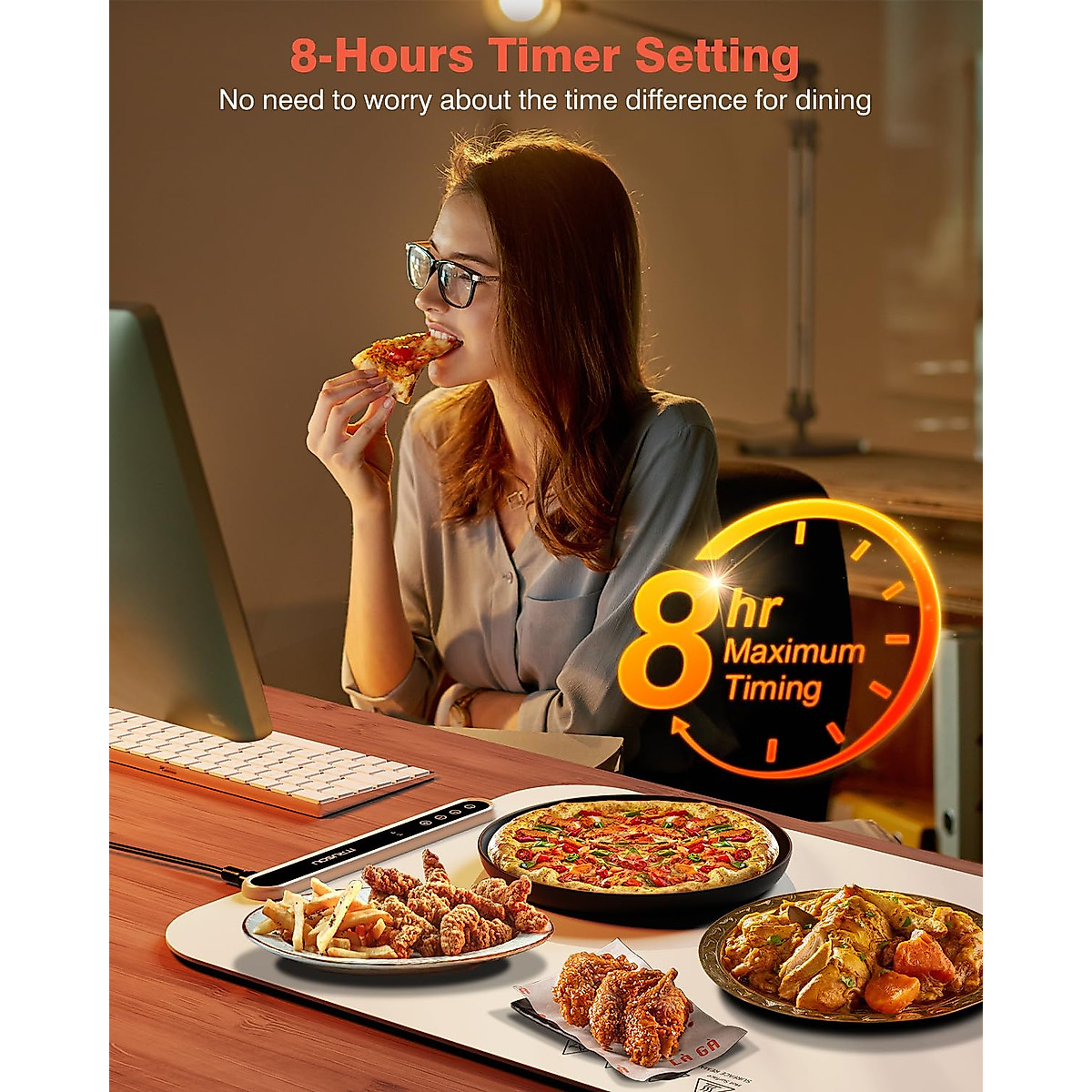 Electric Warming Tray, iTRUSOU Silicone Warming Mat for Food with 7 Temp-Settings, 1-8Hr Auto Shut-Off, Switchable Celsius/Fahrenheit, Upgrade Strap Keep Food Warm at Buffet, Party, Sabbath, Daily Use