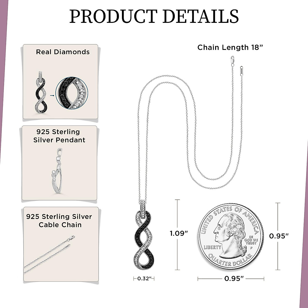 Jewelili Twist Pendant Necklace in Sterling Silver with Natural White Round and Treated Black Diamonds 18" Rolo Chain