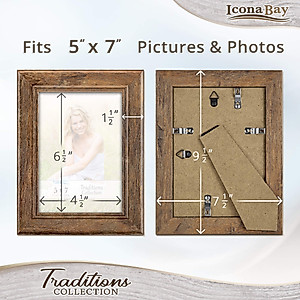 Icona Bay 5x7 Chestnut Brown Picture Frame, Rustic Wood Pattern, Lightly Distressed Frame for Table Top Display or Wall Mount, Traditions Collection