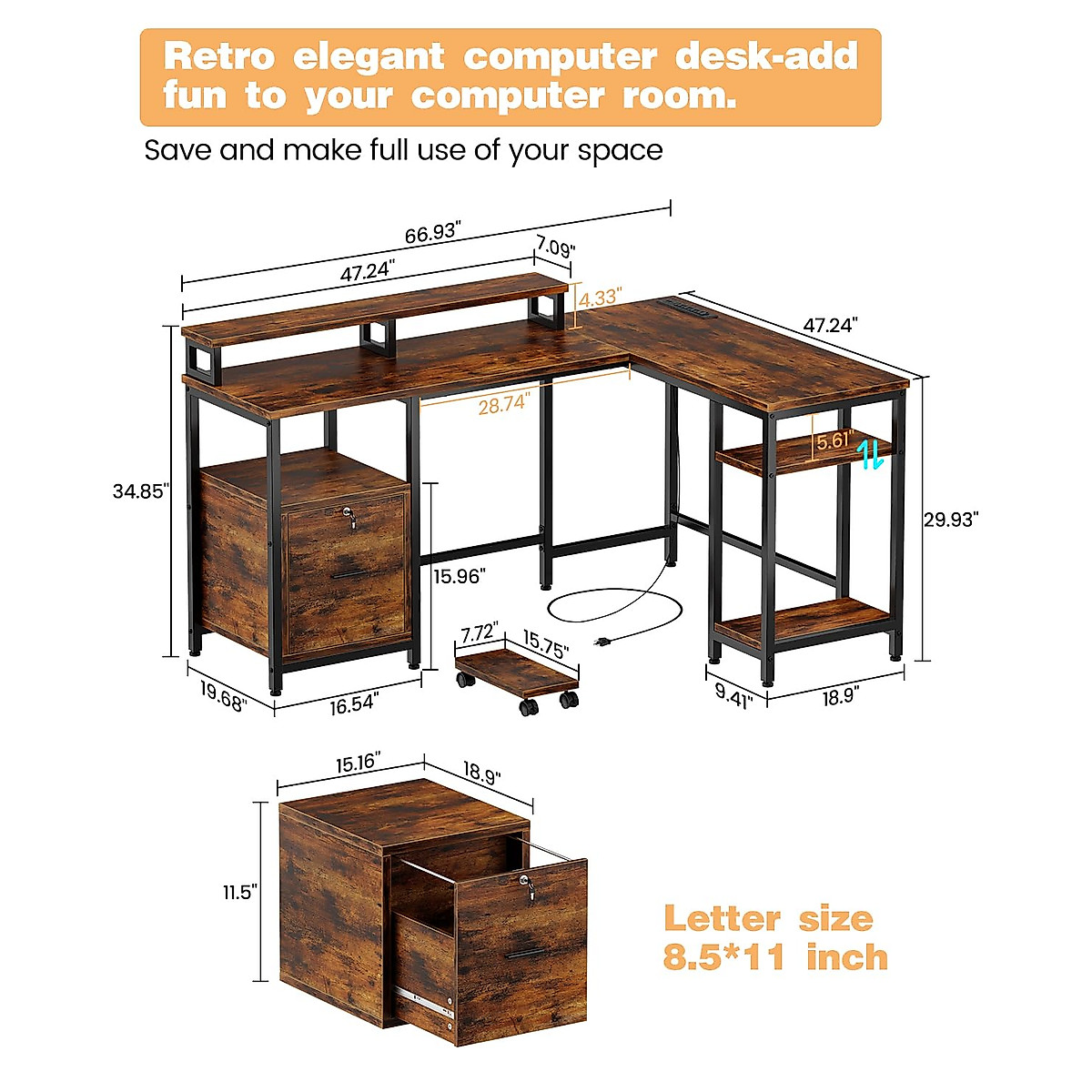 L Shaped Office Desk, 67" Home Office Desk with File Drawer & Power Outlet, Gaming Desk with Mobile CPU Stand, Corner Computer Desk with Monitor Shelf, Printer Storage Shelves, Two Person Desk, Brown