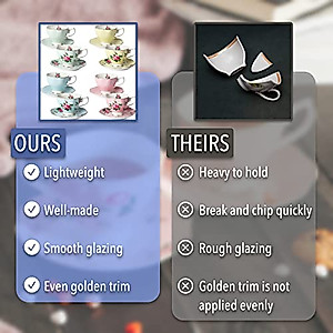 BTaT- Floral Tea Cups and Saucers, Set of 8 (8 oz) Multi-Color with Gold Trim and Gift Box, Coffee Cups, Floral Tea Cup Set, British Tea Cups, Porcelain Tea Set, Latte Cups