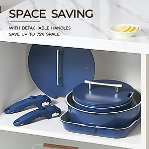 Pots and Pans Set with Detachable Handle - 12 Pcs Nonstick Ceramic Cookware Set with Lids, Non Toxic Cookware Set, RV Cookware Set,Camping Cooking Set, PTFE & PFOA Free,Oven Safe,Space Saving- Navy