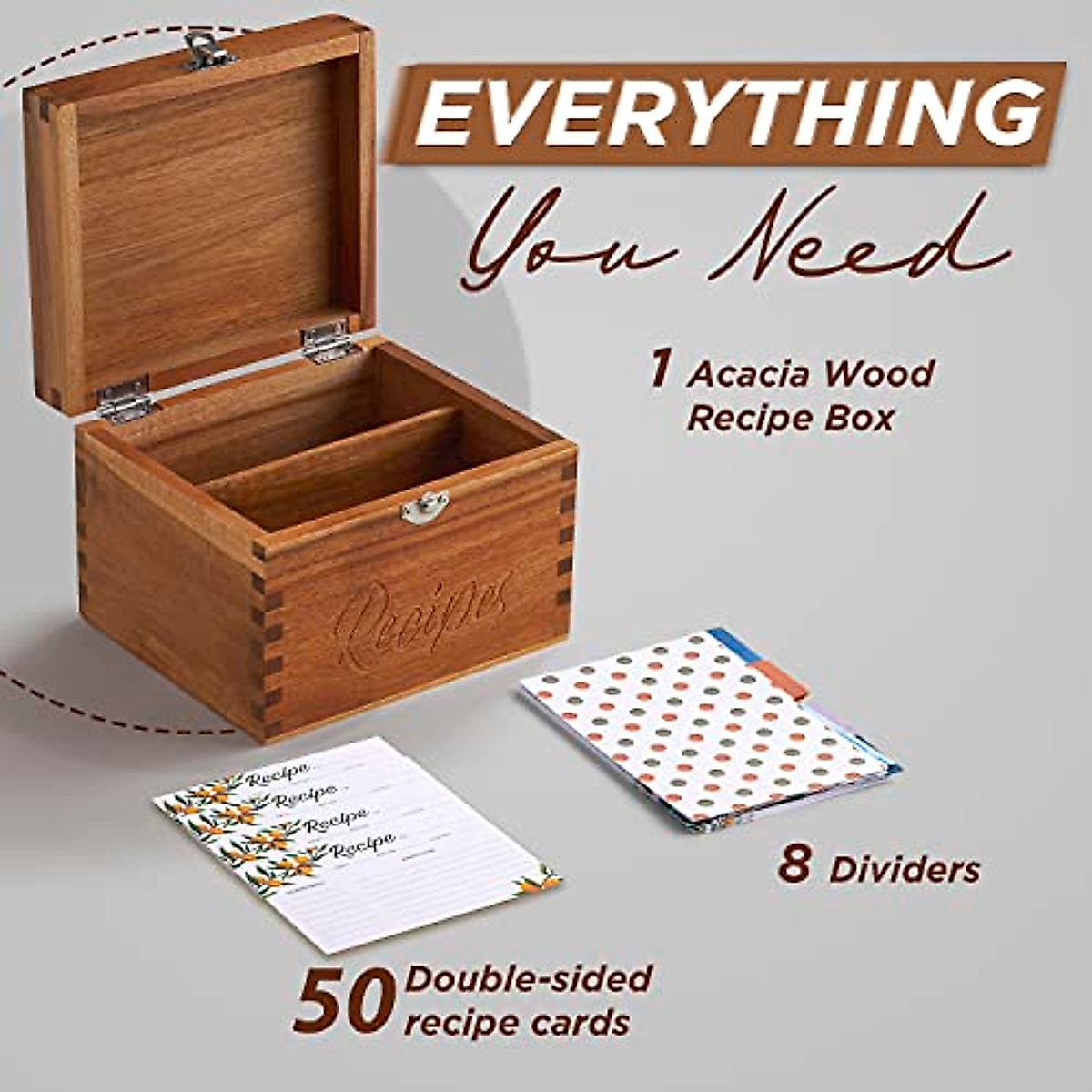 LUTANI Acacia Recipe Box with Cards - Blank Recipe Box Wooden Set Come with 50 4x6 Recipe Cards, 8 Dividers, Cards Made with Thick Card Stock. Perfect Recipe Organizer (Acacia Wood)