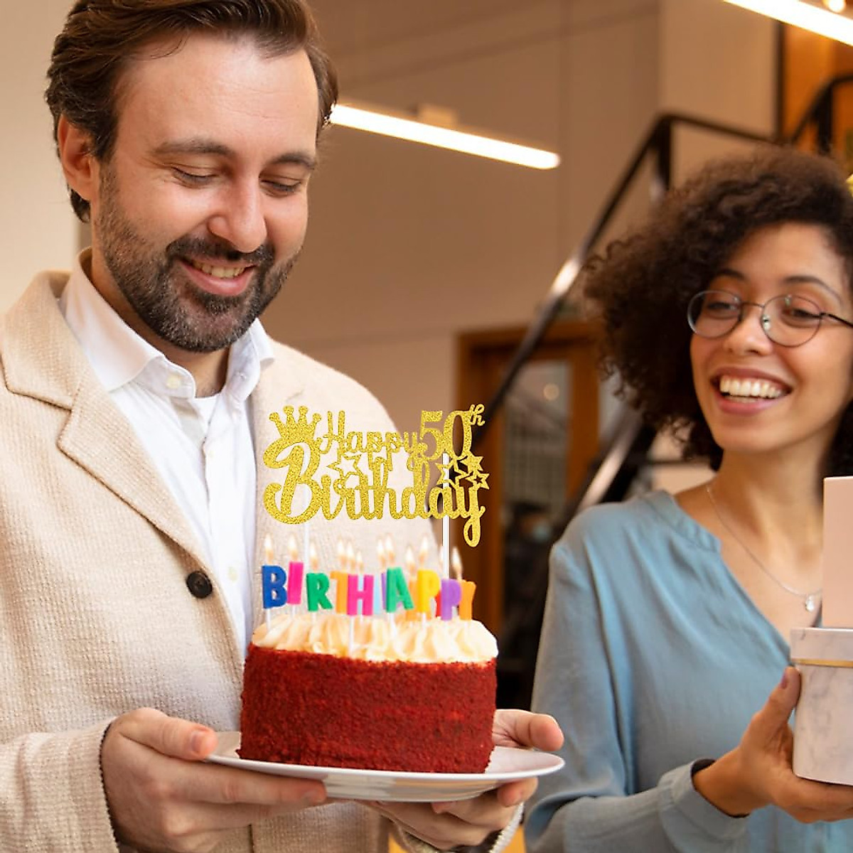 50th Birthday Cake Topper, Happy Birthday Cake Topper, Birthday Cake Toppers, Glitter Gold 50 Cake Topper, Happy 50th Birthday Cake Topper for 50th Fiftieth Birthday Party Decoration Supplies